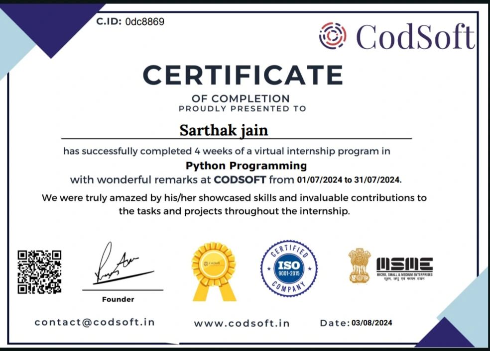 Sarthak Jain on LinkedIn: #codsoft #internship #certificate #python # ... Sarthak Jain on LinkedIn: #codsoft #internship #certificate #python # ...