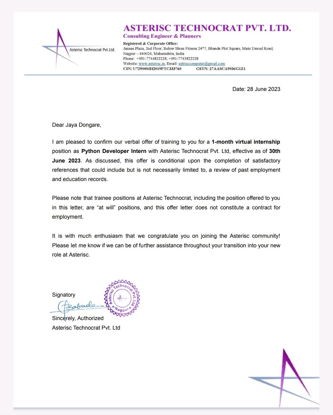 Jaya Dongare on LinkedIn: #asterisctechnocrat #asterisc #python #intern ... Jaya Dongare on LinkedIn: #asterisctechnocrat #asterisc #python #intern ...