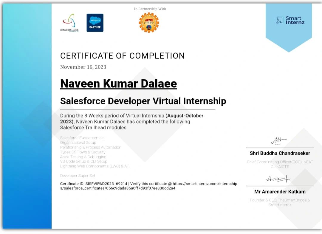 Naveenkumar Dalaee on LinkedIn: #salesforce #smartinternz # ... Naveenkumar Dalaee on LinkedIn: #salesforce #smartinternz # ...