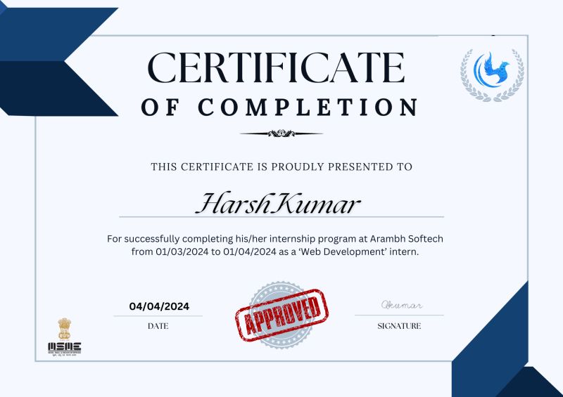 Harsh Kumar on LinkedIn: #arambhsoftech #certificate #internship # ... Harsh Kumar on LinkedIn: #arambhsoftech #certificate #internship # ...