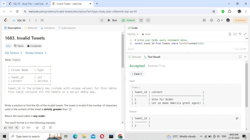Abinaya M on LinkedIn: #sqlproblems #100dayschallenge #leetcode Abinaya M on LinkedIn: #sqlproblems #100dayschallenge #leetcode