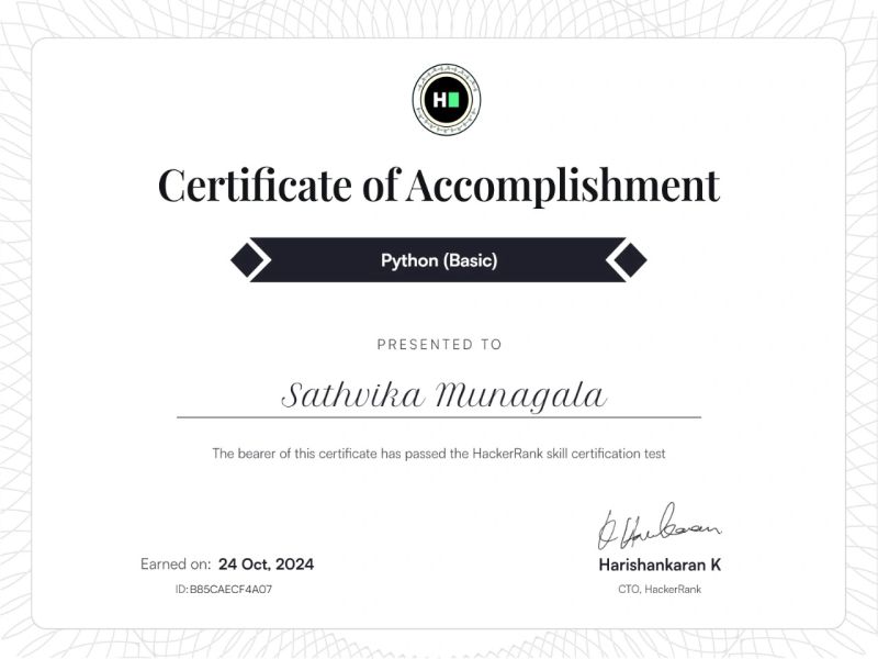 Sathvika Reddy Munagala on LinkedIn: #python #certification #hackerrank ... Sathvika Reddy Munagala on LinkedIn: #python #certification #hackerrank ...
