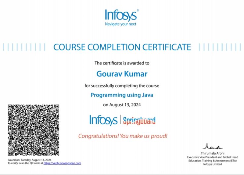 Gourav Kumar on LinkedIn: #java #infosysspringboard #certification Gourav Kumar on LinkedIn: #java #infosysspringboard #certification