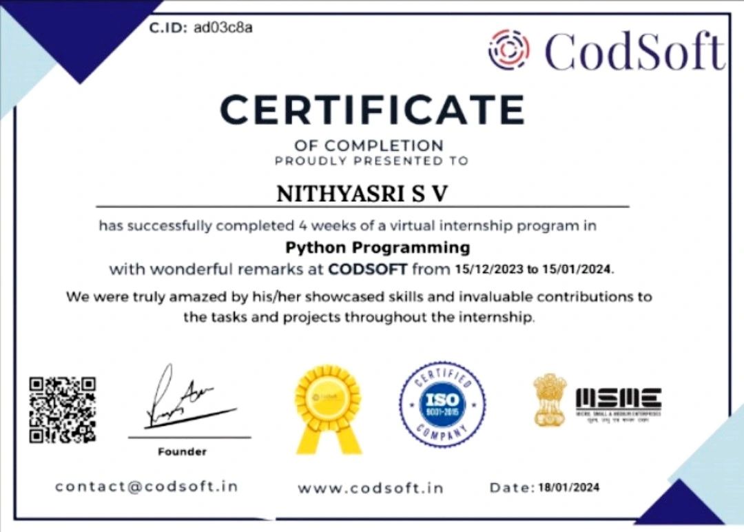 Nithyasri S V on LinkedIn: #internship #codsoft #codsoftinternship Nithyasri S V on LinkedIn: #internship #codsoft #codsoftinternship