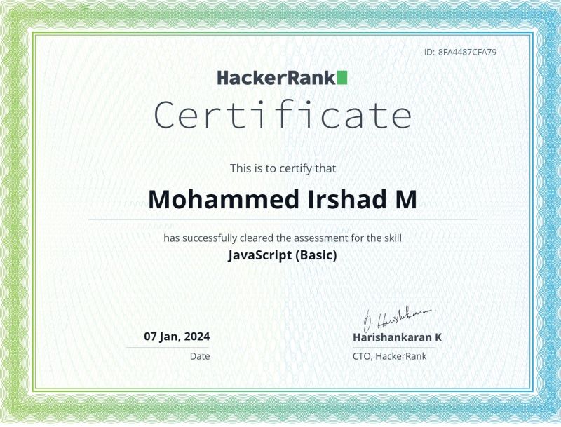 Mohammed Irshad M on LinkedIn: #javascript #hackerrankcertified Mohammed Irshad M on LinkedIn: #javascript #hackerrankcertified