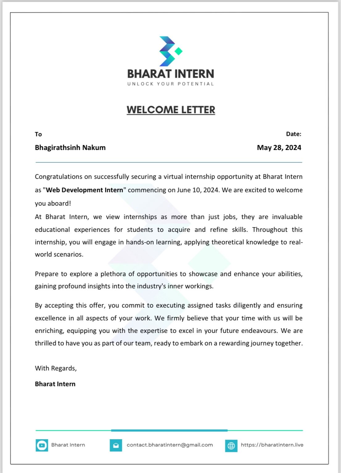 Bhagirathsinh Nakum on LinkedIn: Internship At Bharat Intern as “Web ... Bhagirathsinh Nakum on LinkedIn: Internship At Bharat Intern as “Web ...