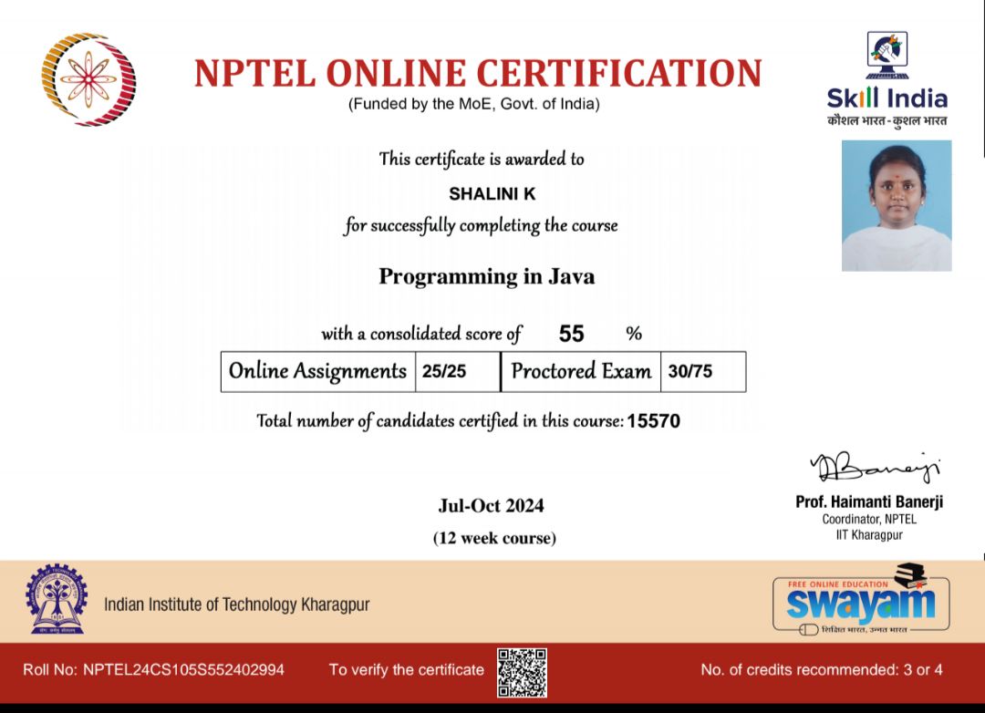 SHALINI K on LinkedIn: #java #programming #nptel #skilldevelopment SHALINI K on LinkedIn: #java #programming #nptel #skilldevelopment