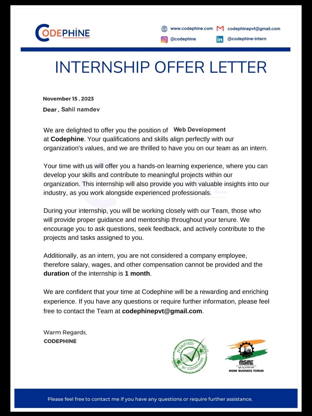 Sahil Namdev on LinkedIn: I have been selected for the Codephine ... Sahil Namdev on LinkedIn: I have been selected for the Codephine ...