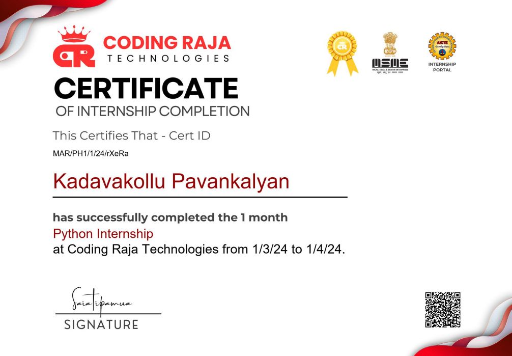pavan kalyan on LinkedIn: #codingraja #python #internshipcompletion pavan kalyan on LinkedIn: #codingraja #python #internshipcompletion