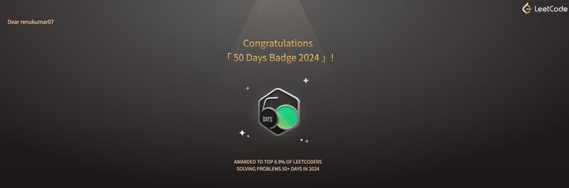 Renu Kumar Chebrolu on LinkedIn: 50days badge in 2024 from leetcode. 😎 Renu Kumar Chebrolu on LinkedIn: 50days badge in 2024 from leetcode. 😎