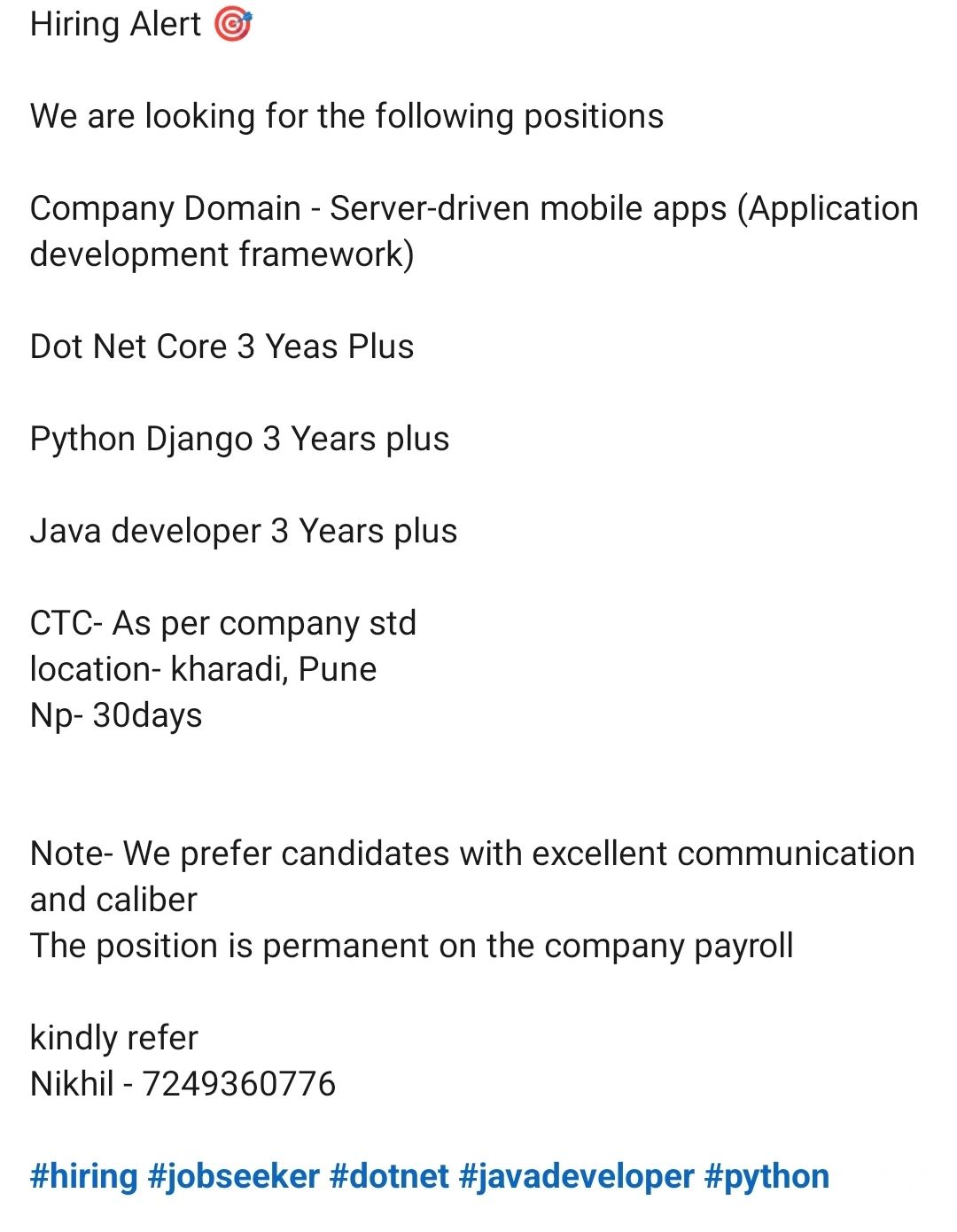 Nikhil Takale on LinkedIn: #hiring #dotnet #java #python Nikhil Takale on LinkedIn: #hiring #dotnet #java #python