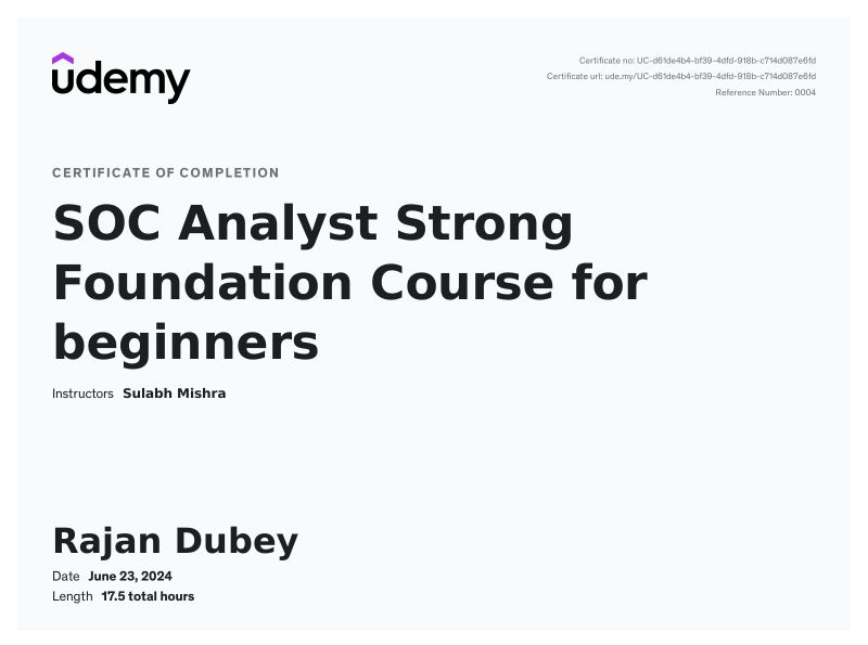 Rajan Dubey on LinkedIn: Today I got for SOC Analyst Strong Foundation ... Rajan Dubey on LinkedIn: Today I got for SOC Analyst Strong Foundation ...