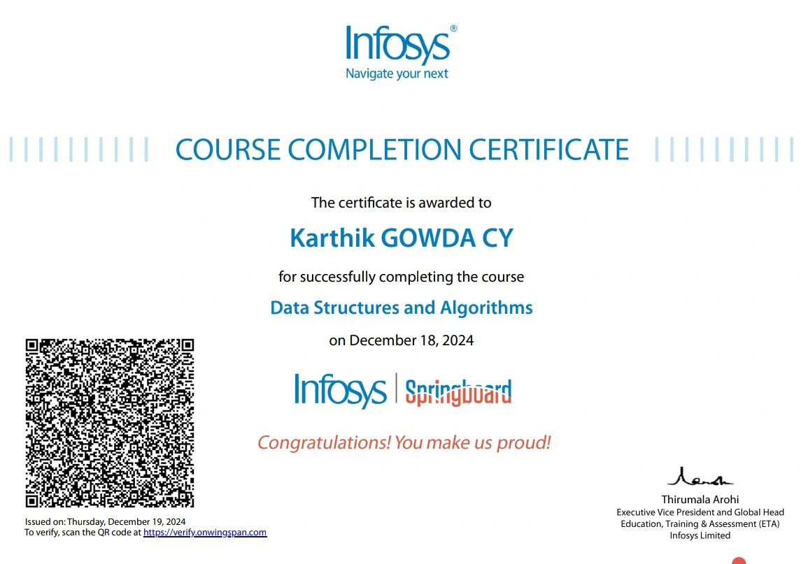 🎓 Completed the Data Structures and Algorithms course on Infosys ... 🎓 Completed the Data Structures and Algorithms course on Infosys ...