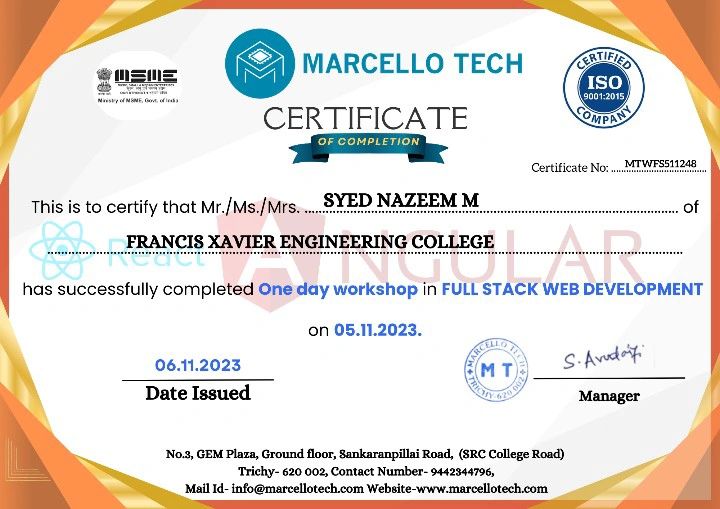 SYED NAZEEM M on LinkedIn: Completed one day workshop in 'FULL STACK ... SYED NAZEEM M on LinkedIn: Completed one day workshop in 'FULL STACK ...