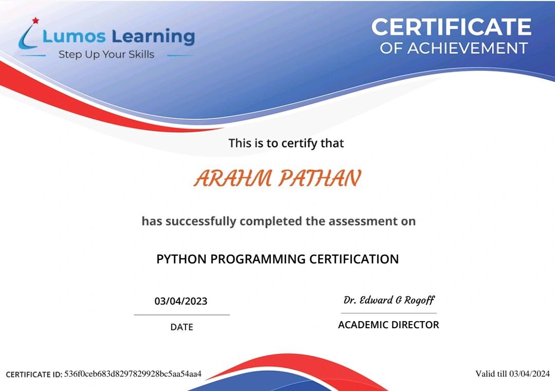 Passed Python test by Lumos Learning | Arham Pathan posted on the topic ... Passed Python test by Lumos Learning | Arham Pathan posted on the topic ...