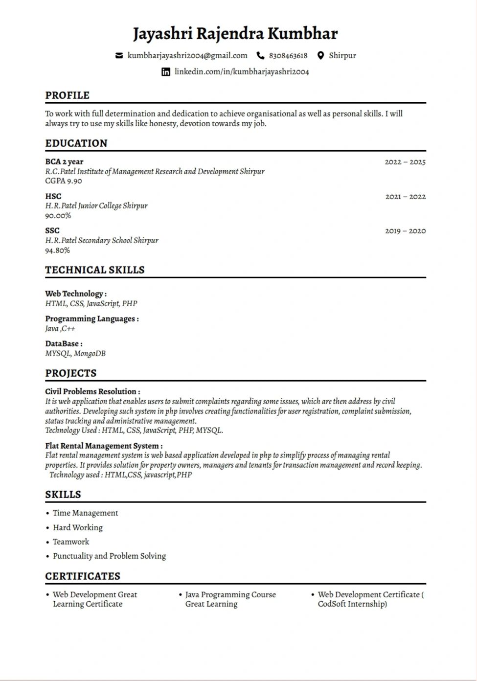 Jayashri Kumbhar on LinkedIn: Resume Jayashri Kumbhar on LinkedIn: Resume