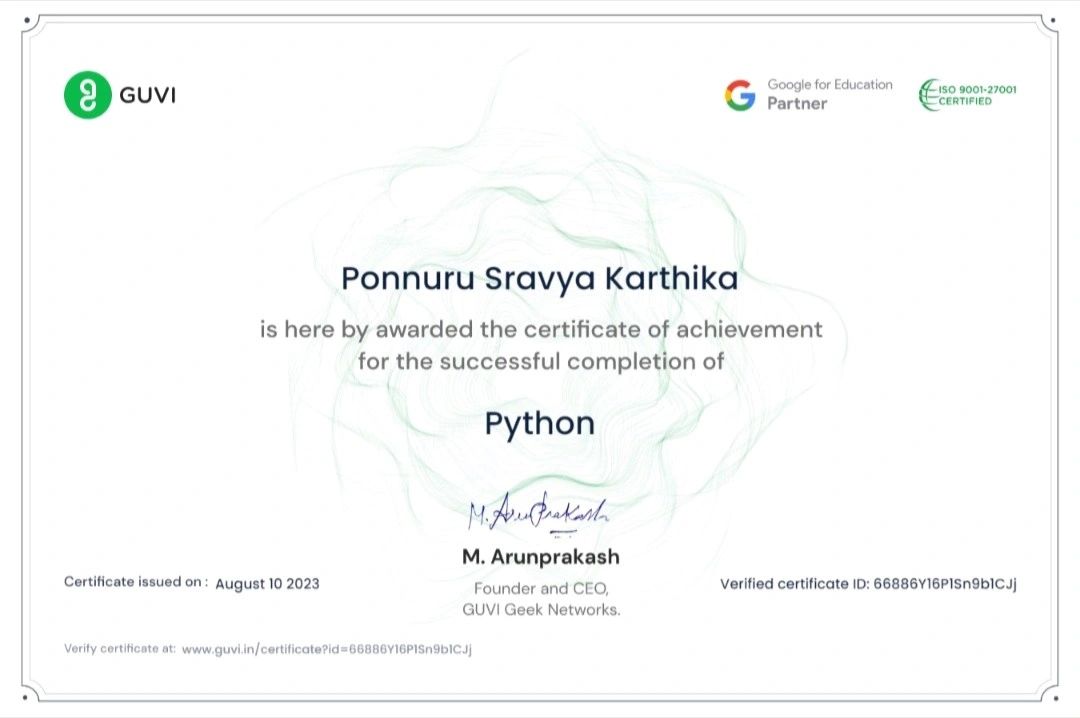 #guvi #pythonprogramming #pythondeveloper | Ponnuru Sravya Karthika #guvi #pythonprogramming #pythondeveloper | Ponnuru Sravya Karthika
