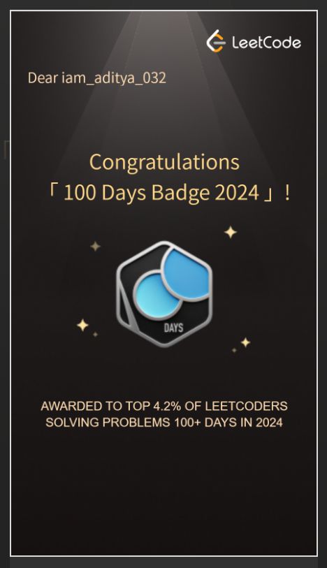 Aditya Mishra on LinkedIn: 🎉 Celebrating 100 Days of LeetCode! 🚀 Today ... Aditya Mishra on LinkedIn: 🎉 Celebrating 100 Days of LeetCode! 🚀 Today ...