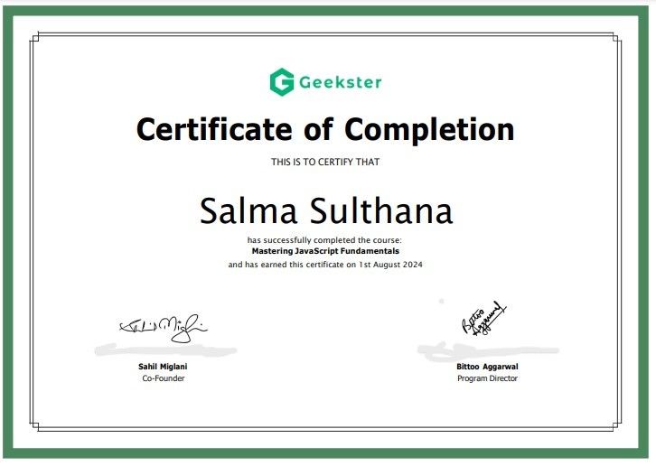 Shaik Salma Sulthana on LinkedIn: #geekster #certificate #javascript # ... Shaik Salma Sulthana on LinkedIn: #geekster #certificate #javascript # ...