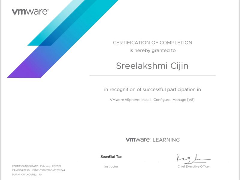 Sreelakshmi Cijin on LinkedIn: Completed VMware Sphere: Install ... Sreelakshmi Cijin on LinkedIn: Completed VMware Sphere: Install ...