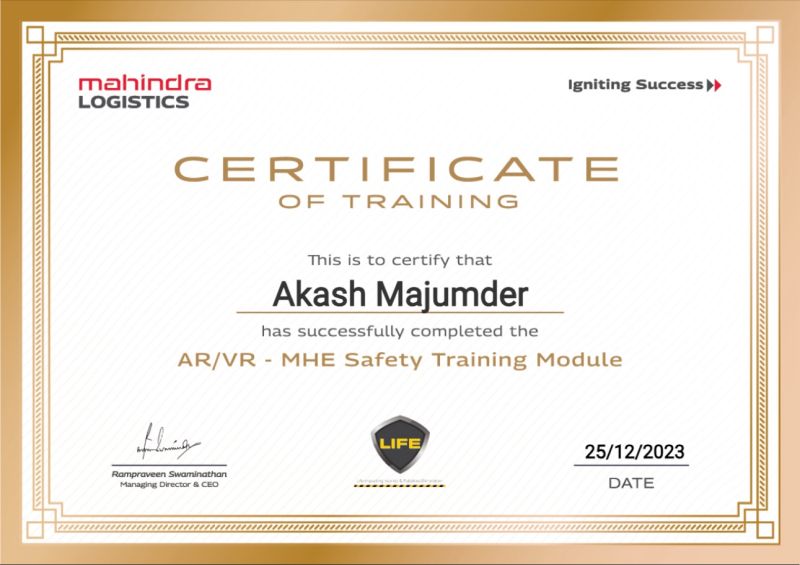 Successfully completed the Electrical Safety and MHE Safety Training ... Successfully completed the Electrical Safety and MHE Safety Training ...