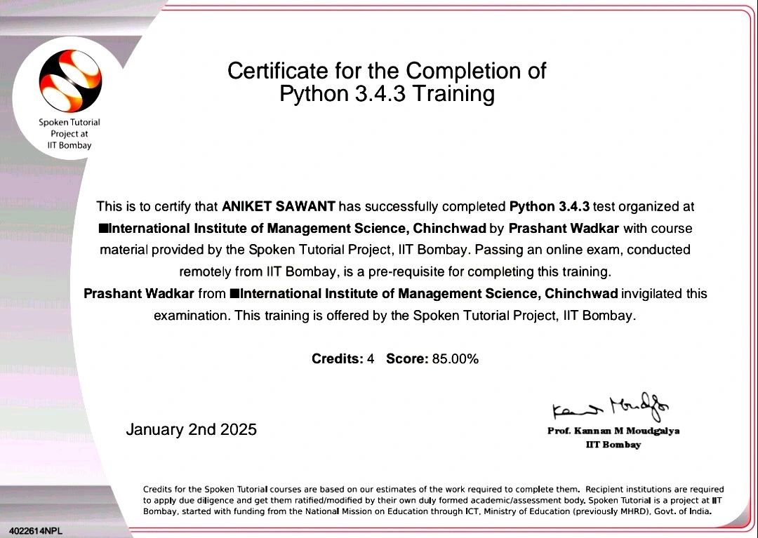 Aniket Sawant on LinkedIn: #pythonprogramming #certification #iitbombay ... Aniket Sawant on LinkedIn: #pythonprogramming #certification #iitbombay ...