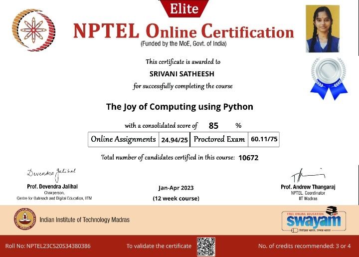Srivani Satheesh on LinkedIn: #nptel #python #learningjourney Srivani Satheesh on LinkedIn: #nptel #python #learningjourney