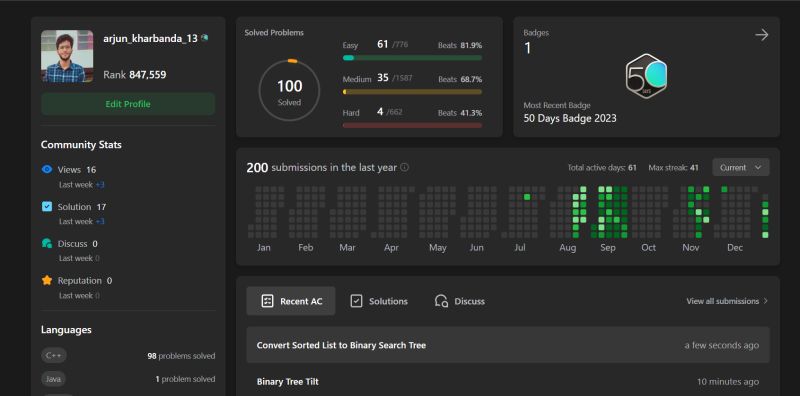 Completed 100 LeetCode DSA questions! | Arjun Kharbanda posted on the ... Completed 100 LeetCode DSA questions! | Arjun Kharbanda posted on the ...