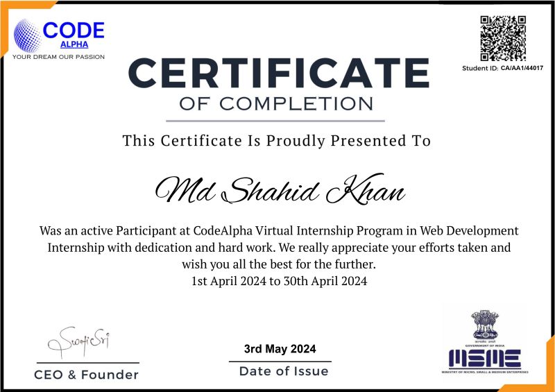 Md Shahid Khan on LinkedIn: #webdevelopment #codealpha #internshipcomplete Md Shahid Khan on LinkedIn: #webdevelopment #codealpha #internshipcomplete