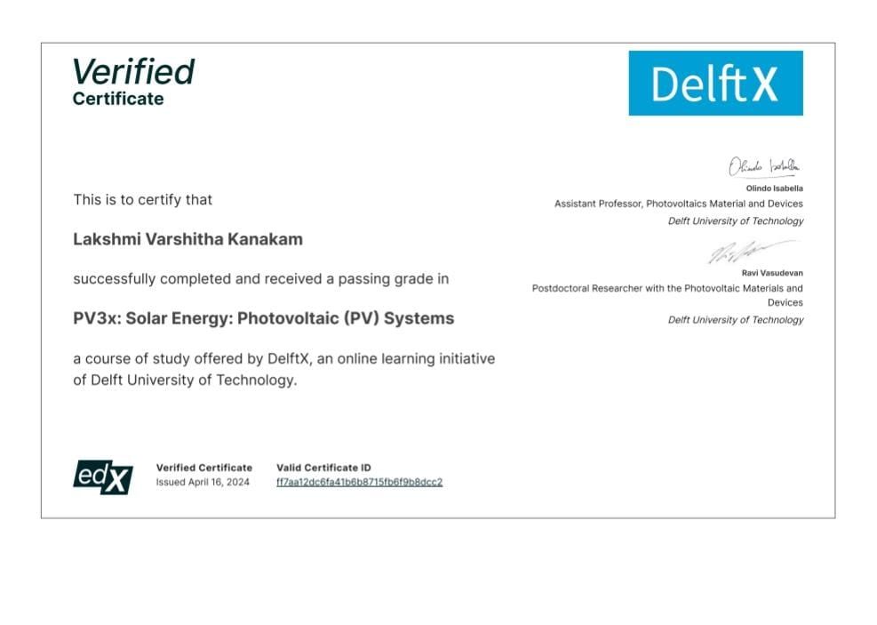 Lakshmi Varshitha kankam on LinkedIn: #solarenergy #tudelft #edx # ... Lakshmi Varshitha kankam on LinkedIn: #solarenergy #tudelft #edx # ...
