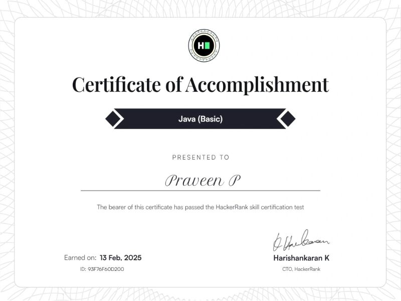 Praveen P on LinkedIn: #java #certification #hackerrank #learning # ... Praveen P on LinkedIn: #java #certification #hackerrank #learning # ...