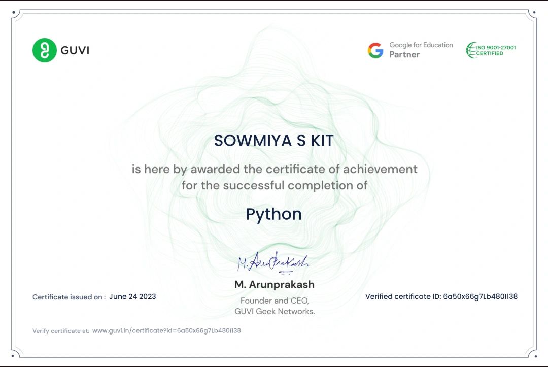 Completed Python course on Guvi | Sowmiya S posted on the topic | LinkedIn Completed Python course on Guvi | Sowmiya S posted on the topic | LinkedIn