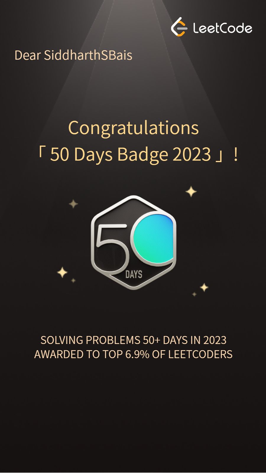 Siddharth Singh Bais on LinkedIn: Earned 50 days badge on LeetCode. Siddharth Singh Bais on LinkedIn: Earned 50 days badge on LeetCode.