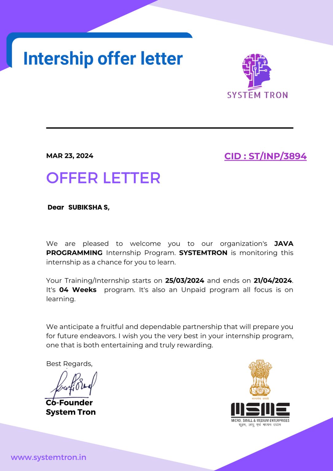 Subiksha Rsk on LinkedIn: #systemtron #intership #javaprogramming Subiksha Rsk on LinkedIn: #systemtron #intership #javaprogramming