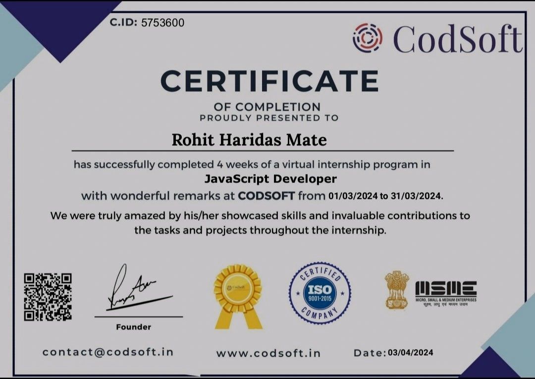 #codsoft #intership #javascript | Rohit Mate #codsoft #intership #javascript | Rohit Mate