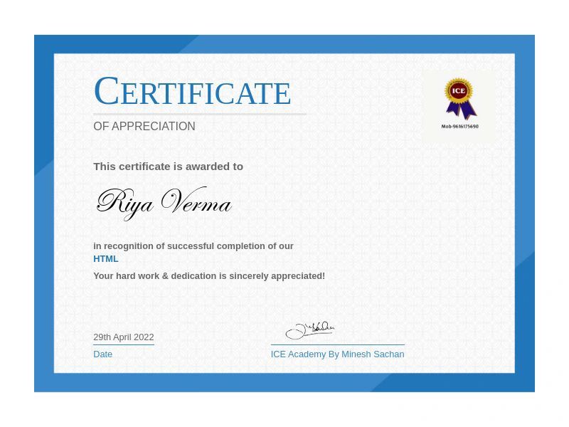 Riya Verma on LinkedIn: Certificate of appreciation of HTML Riya Verma on LinkedIn: Certificate of appreciation of HTML