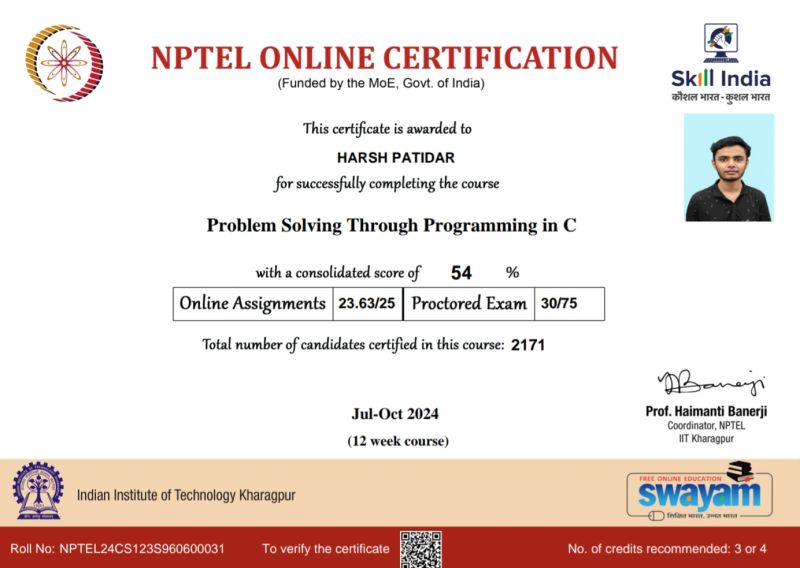 Harsh Patidar on LinkedIn: #nptel #cprogramming #problemsolving # ... Harsh Patidar on LinkedIn: #nptel #cprogramming #problemsolving # ...