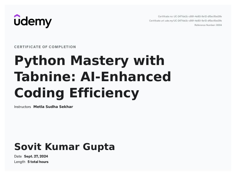 Sovit Kumar Gupta on LinkedIn: #udemy #python #tabnine #coding #ai # ... Sovit Kumar Gupta on LinkedIn: #udemy #python #tabnine #coding #ai # ...