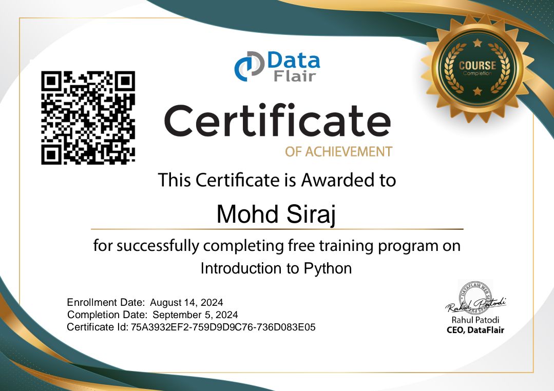 Finished Python course with Data Flair | Mohd Siraj posted on the topic ... Finished Python course with Data Flair | Mohd Siraj posted on the topic ...