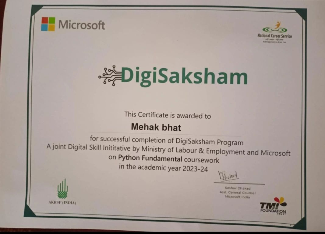 #python #microsoft #programming #certification | Mehak Bhat #python #microsoft #programming #certification | Mehak Bhat