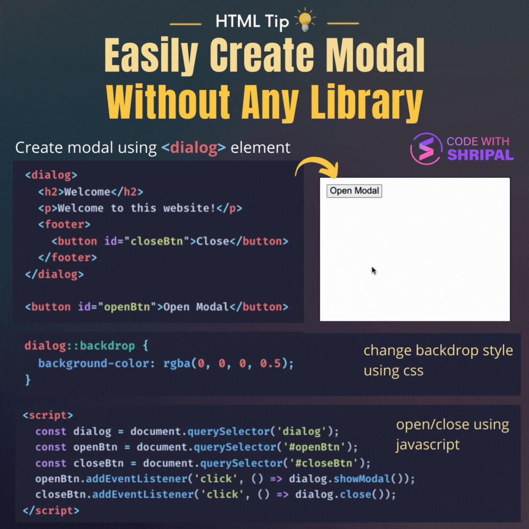 Shripal Soni on LinkedIn: HTML Tip 💡 Easily create modal dialog without ... Shripal Soni on LinkedIn: HTML Tip 💡 Easily create modal dialog without ...