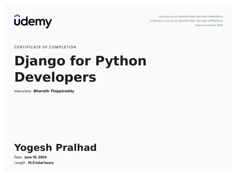 Hi All, I have completed Django for the python developers course on ... Hi All, I have completed Django for the python developers course on ...