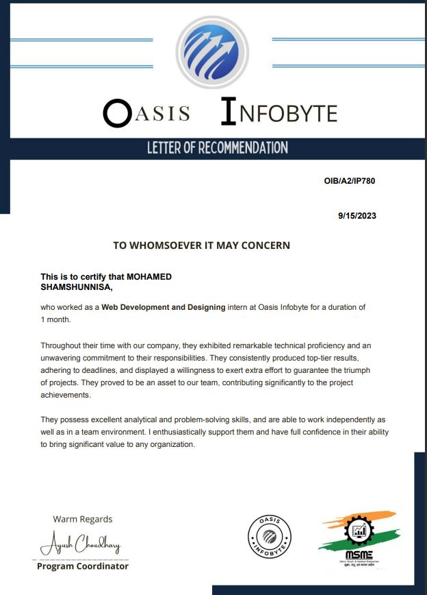 MOHAMED SHAMSHUNNISA on LinkedIn: #oasisinfobyte MOHAMED SHAMSHUNNISA on LinkedIn: #oasisinfobyte