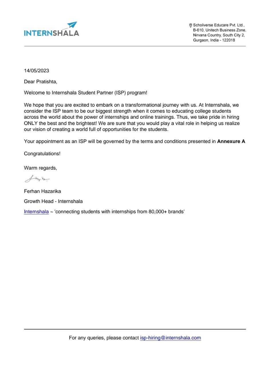 Pratishta Srikanth Prakash on LinkedIn: #internshalastudentpartner # ... Pratishta Srikanth Prakash on LinkedIn: #internshalastudentpartner # ...
