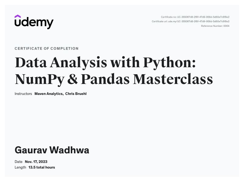 Completed Data Analysis with NumPy & Pandas on Udemy | Gaurav Wadhwa ... Completed Data Analysis with NumPy & Pandas on Udemy | Gaurav Wadhwa ...