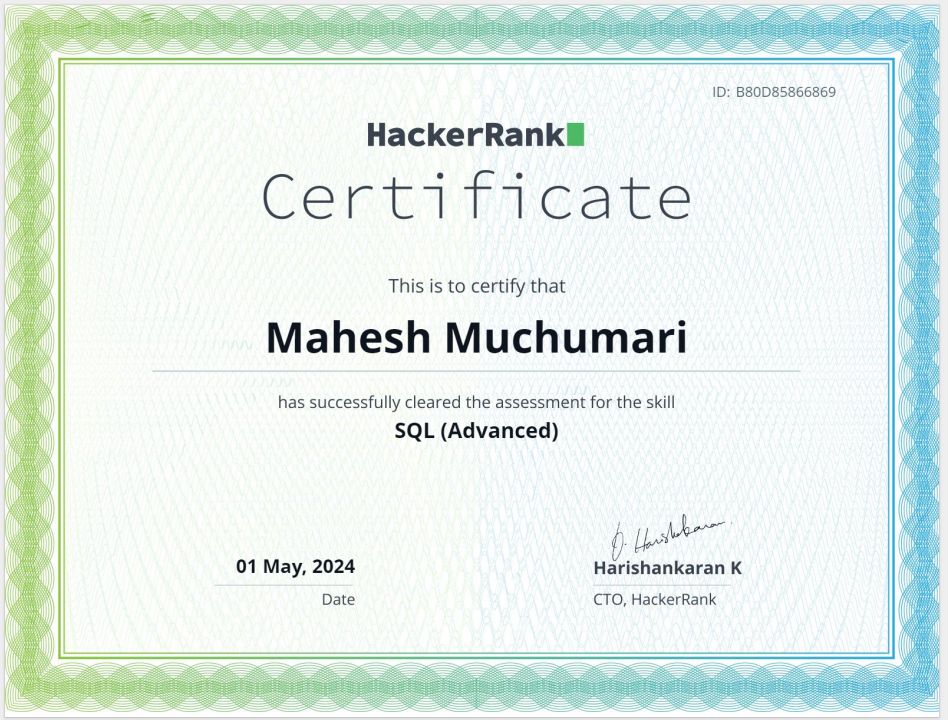 Mahesh M on LinkedIn: #sql #certifications #hackerrank #dataanalytics # ... Mahesh M on LinkedIn: #sql #certifications #hackerrank #dataanalytics # ...