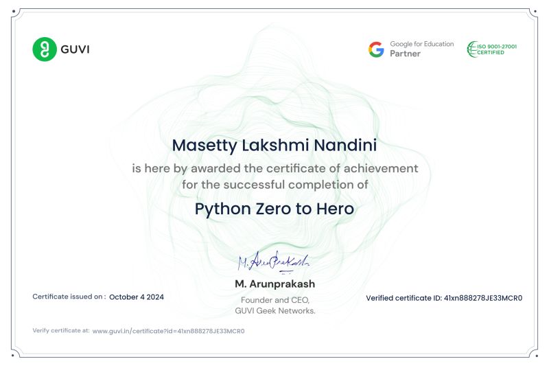 Masetty Lakshmi Nandini on LinkedIn: #python #google #guvi #iso Masetty Lakshmi Nandini on LinkedIn: #python #google #guvi #iso