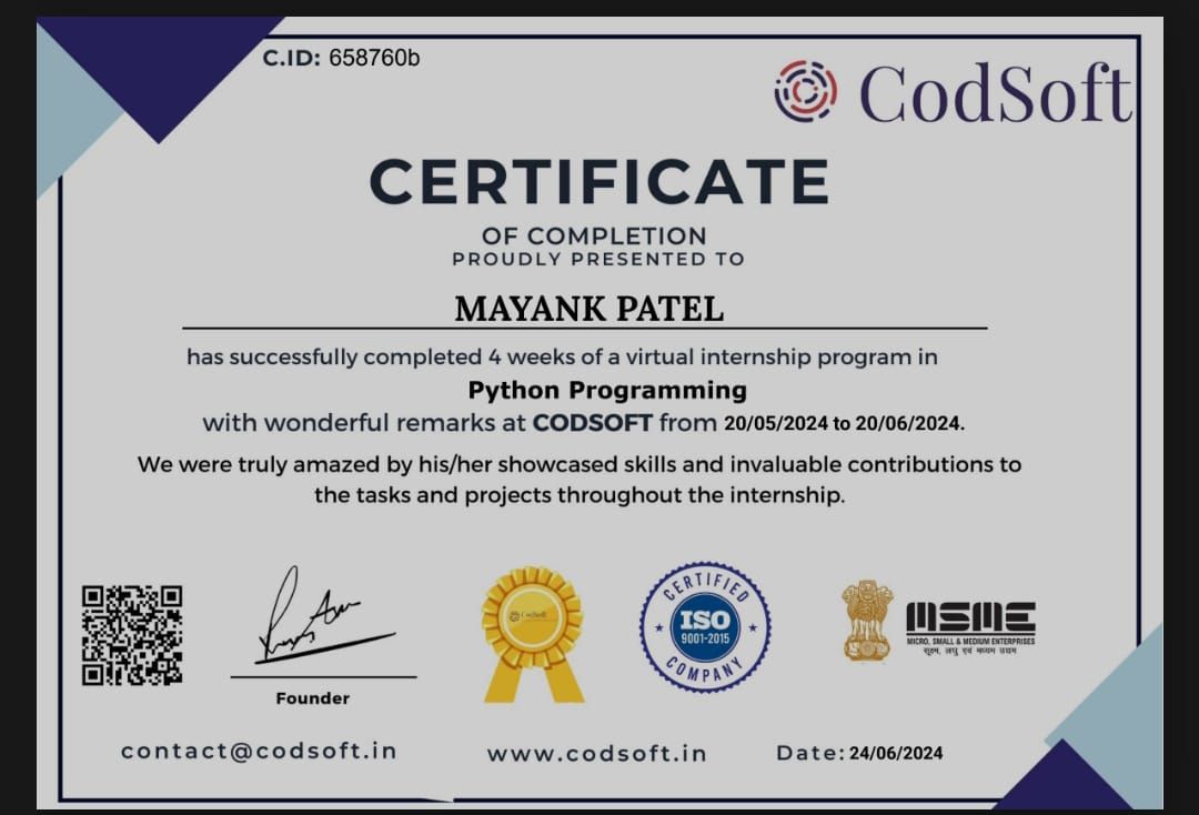 MAYANK PATEL on LinkedIn: #python #codesoft #programming MAYANK PATEL on LinkedIn: #python #codesoft #programming