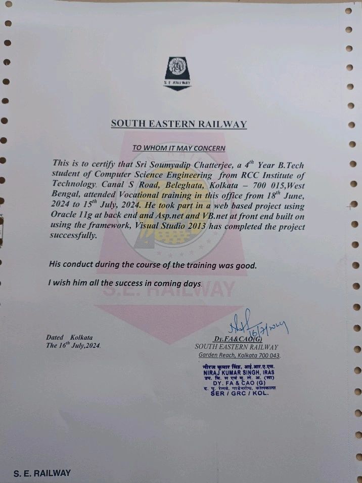 Soumyadip Chatterjee on LinkedIn: #southeasternrailways #internship Soumyadip Chatterjee on LinkedIn: #southeasternrailways #internship