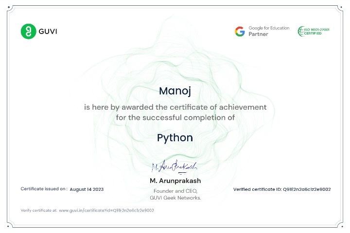 Manoj P on LinkedIn: #guvi #python #googlepartner #certificate # ... Manoj P on LinkedIn: #guvi #python #googlepartner #certificate # ...